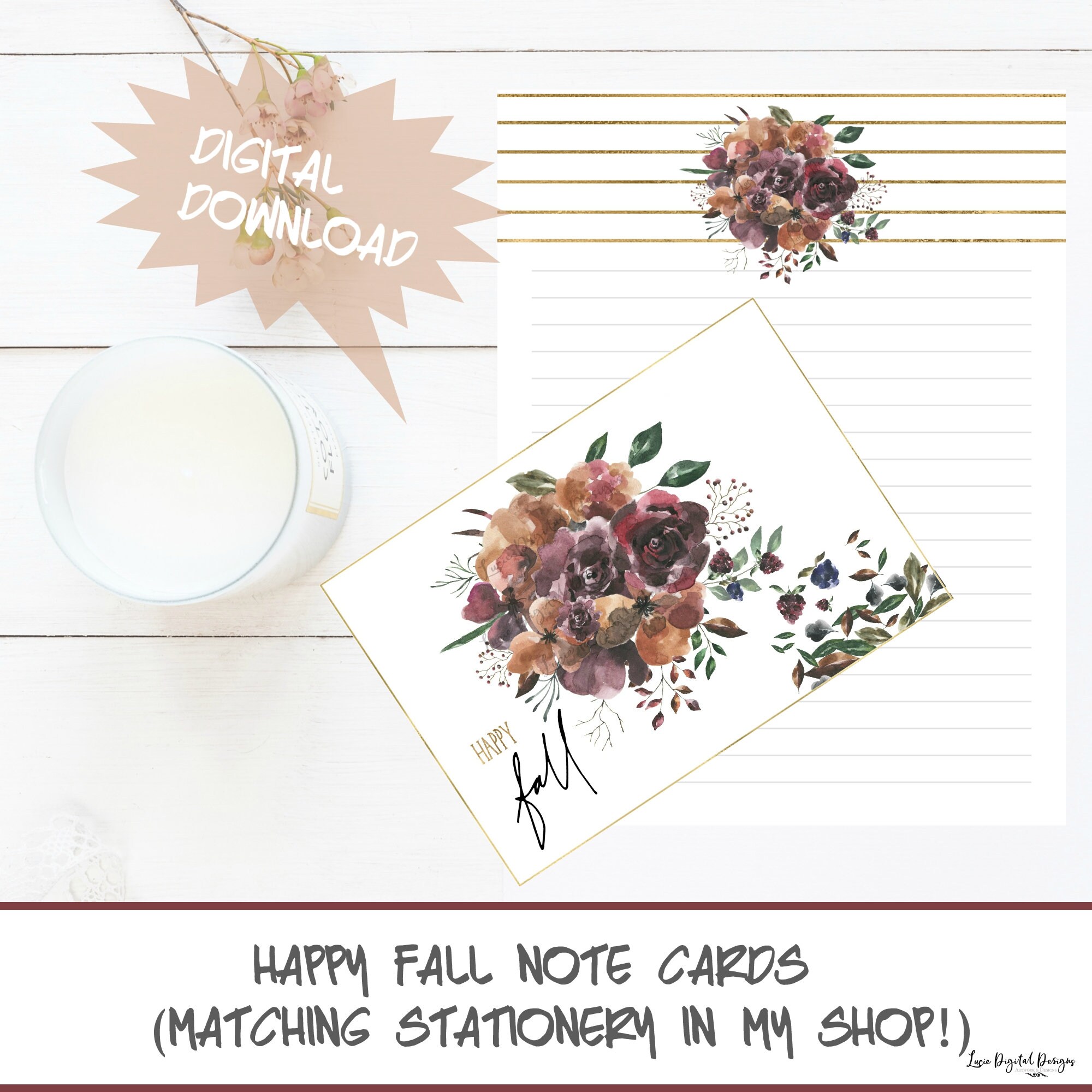 Happy Fall Note Cards, Happy Fall, Fall Bouquet, Digital Note Cards ...