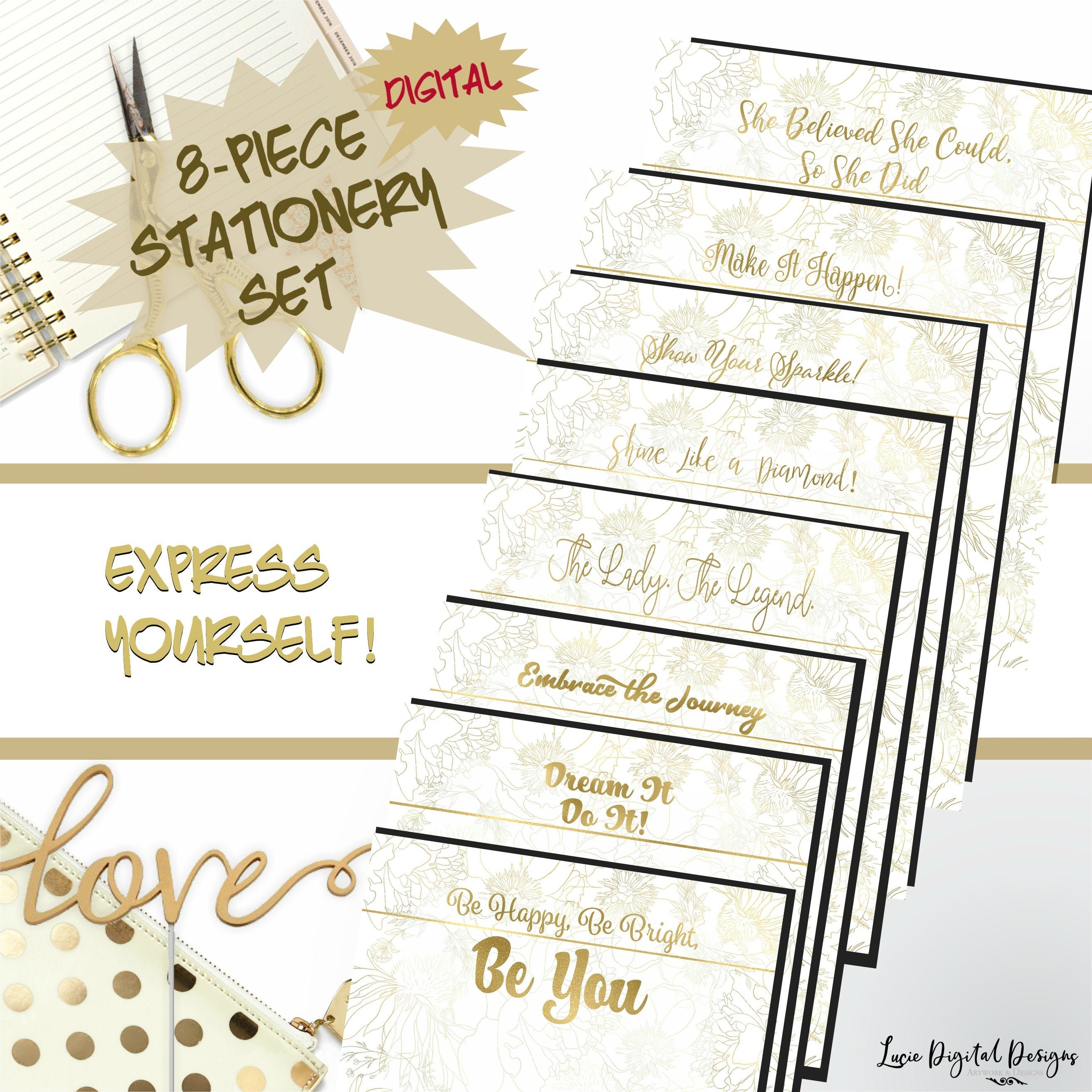 Power Quote Stationery, Printable, Stationery, Quotes, Gold Flowers ...