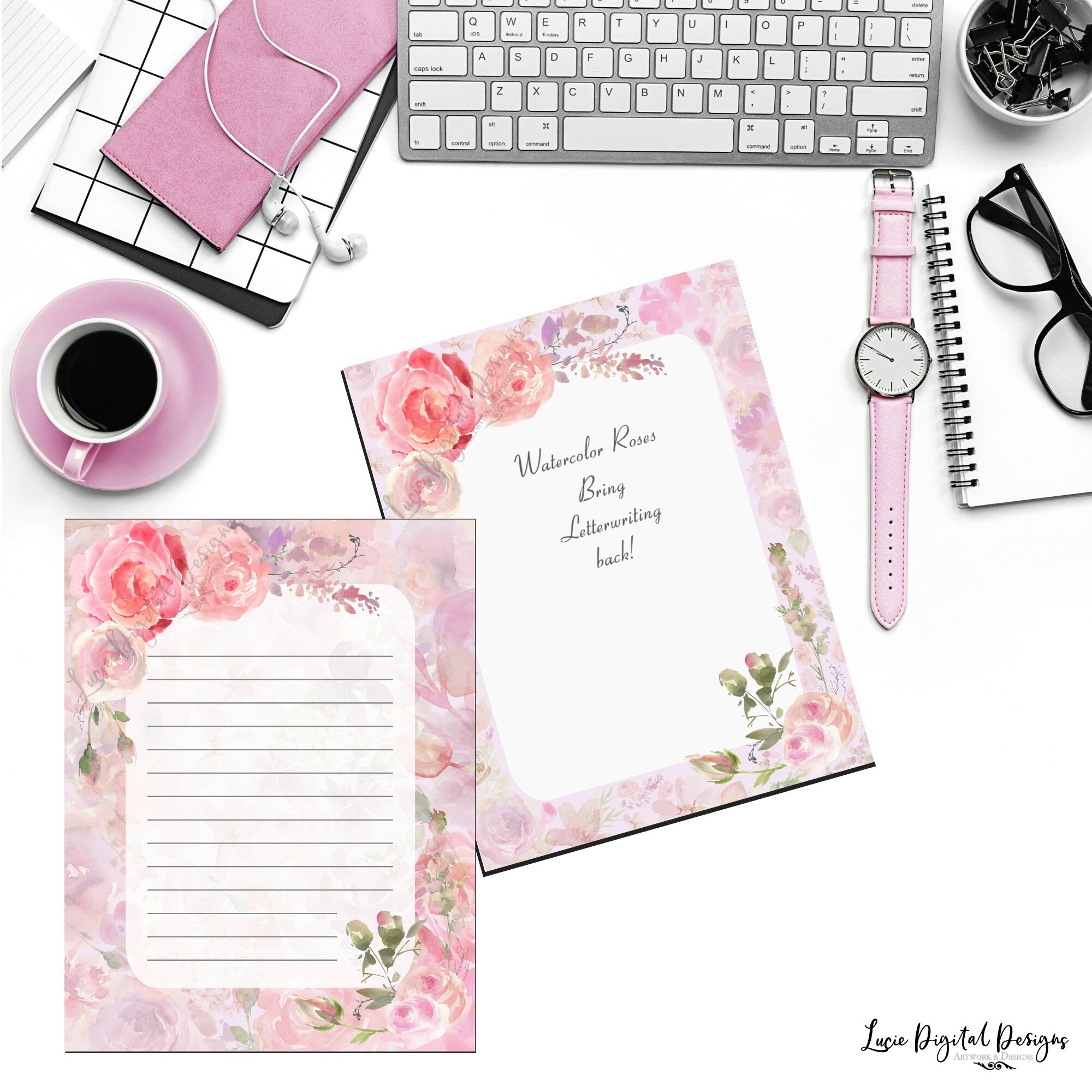 Watercolor Roses Stationery, Blush, Pink, Printable Stationery Paper ...
