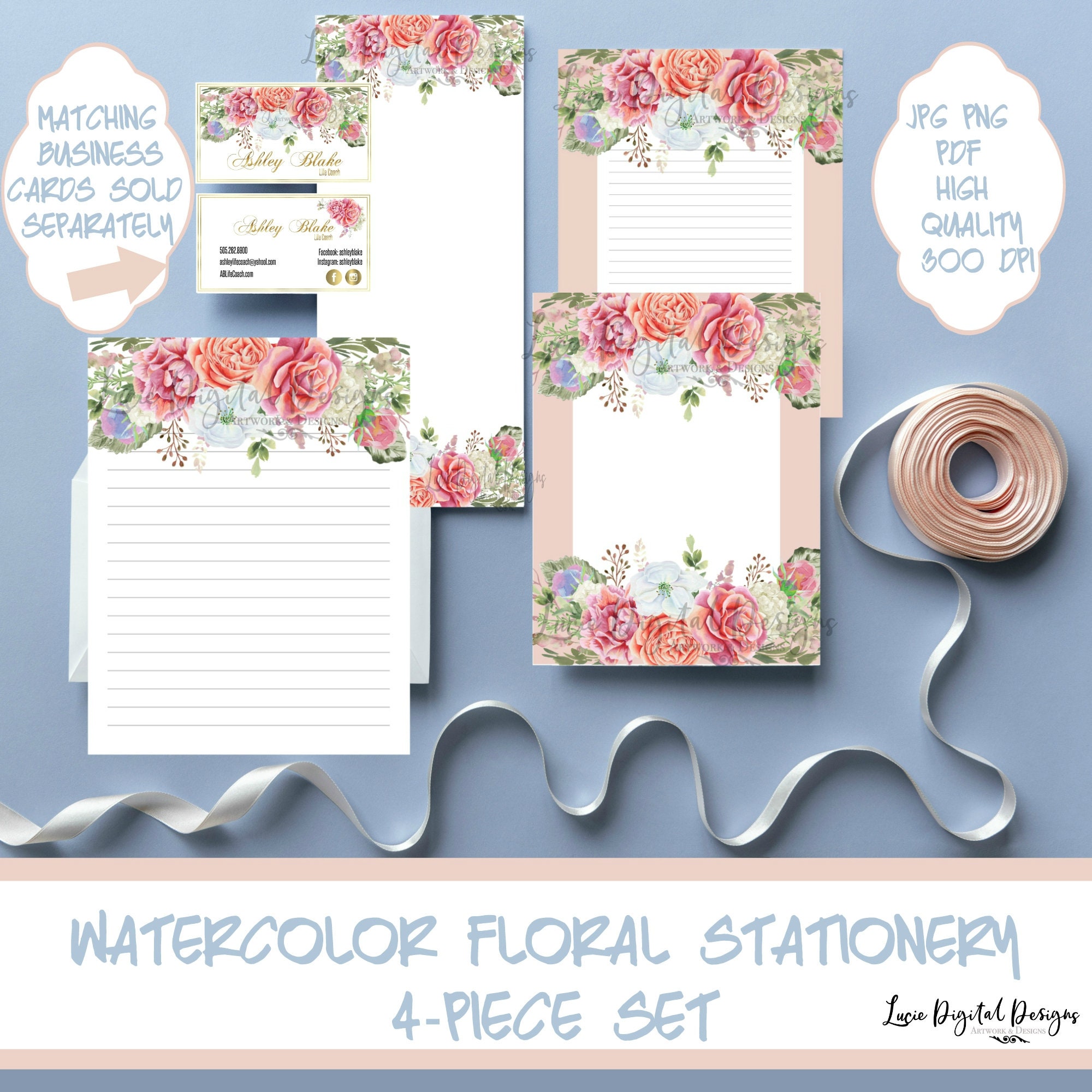 Watercolor Floral Stationery With Border, Blush, Pink, Printable ...