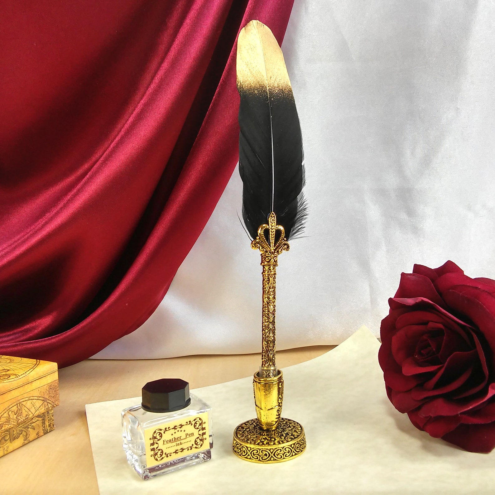 Gold Tipped Black Feather Quill Pen Gift Set With Antiqued - Etsy