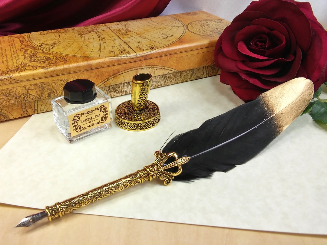Gold Tipped Black Feather Quill Pen Gift Set With Antiqued Gold ...