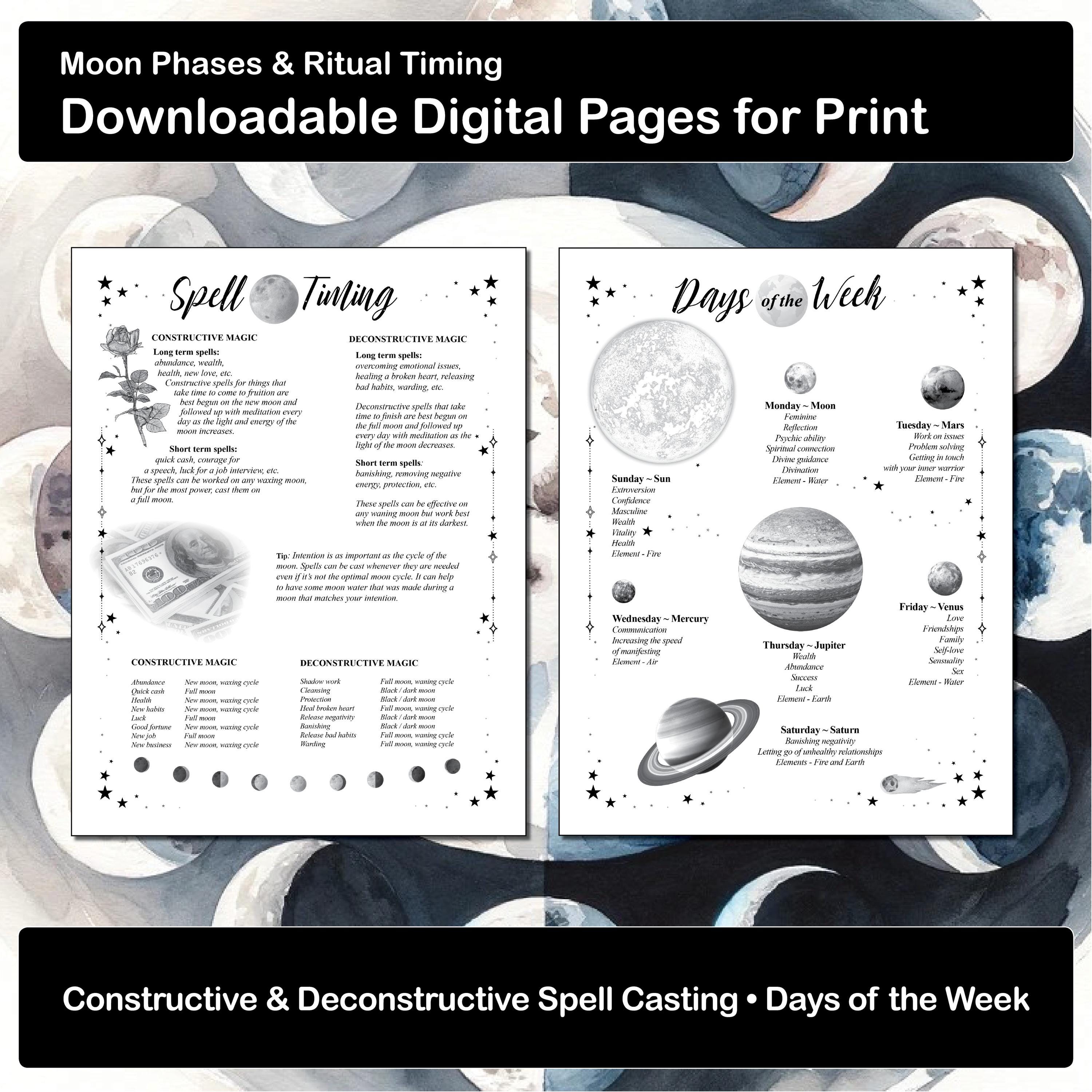 Moon Phases and Spell Timing, Printable Book of Shadows Pages for Baby ...