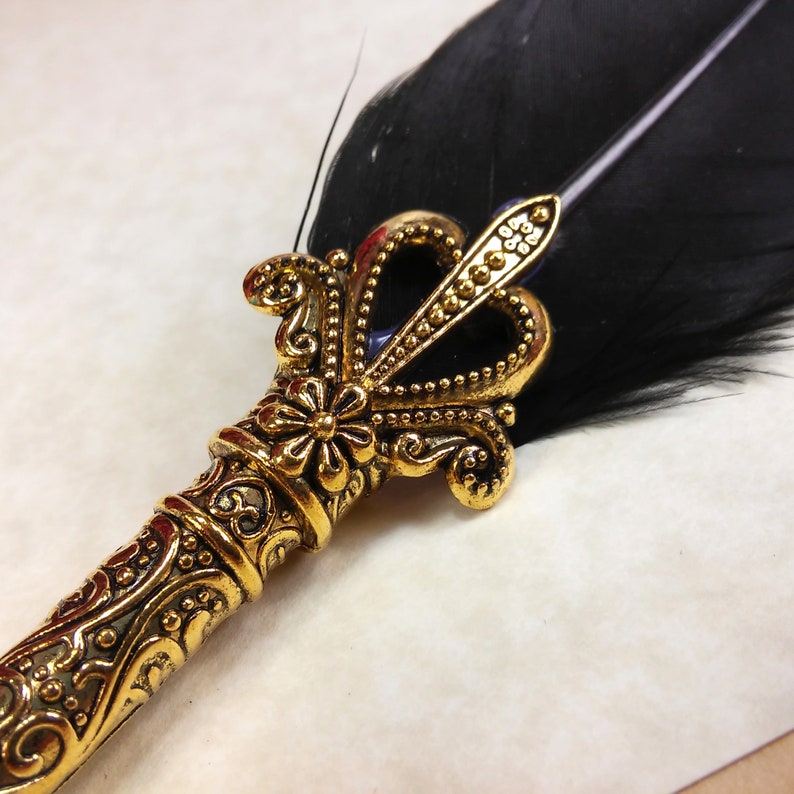 Gold Tipped Black Feather Quill Pen Gift Set With Antiqued - Etsy