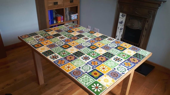 Dining Table in Solid Oak With Mexican Tiles Etsy