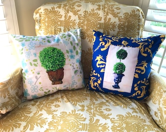 Blue & White Topiary Wool Hooked Pillow, Boho Throw Pillow, Decorative ...