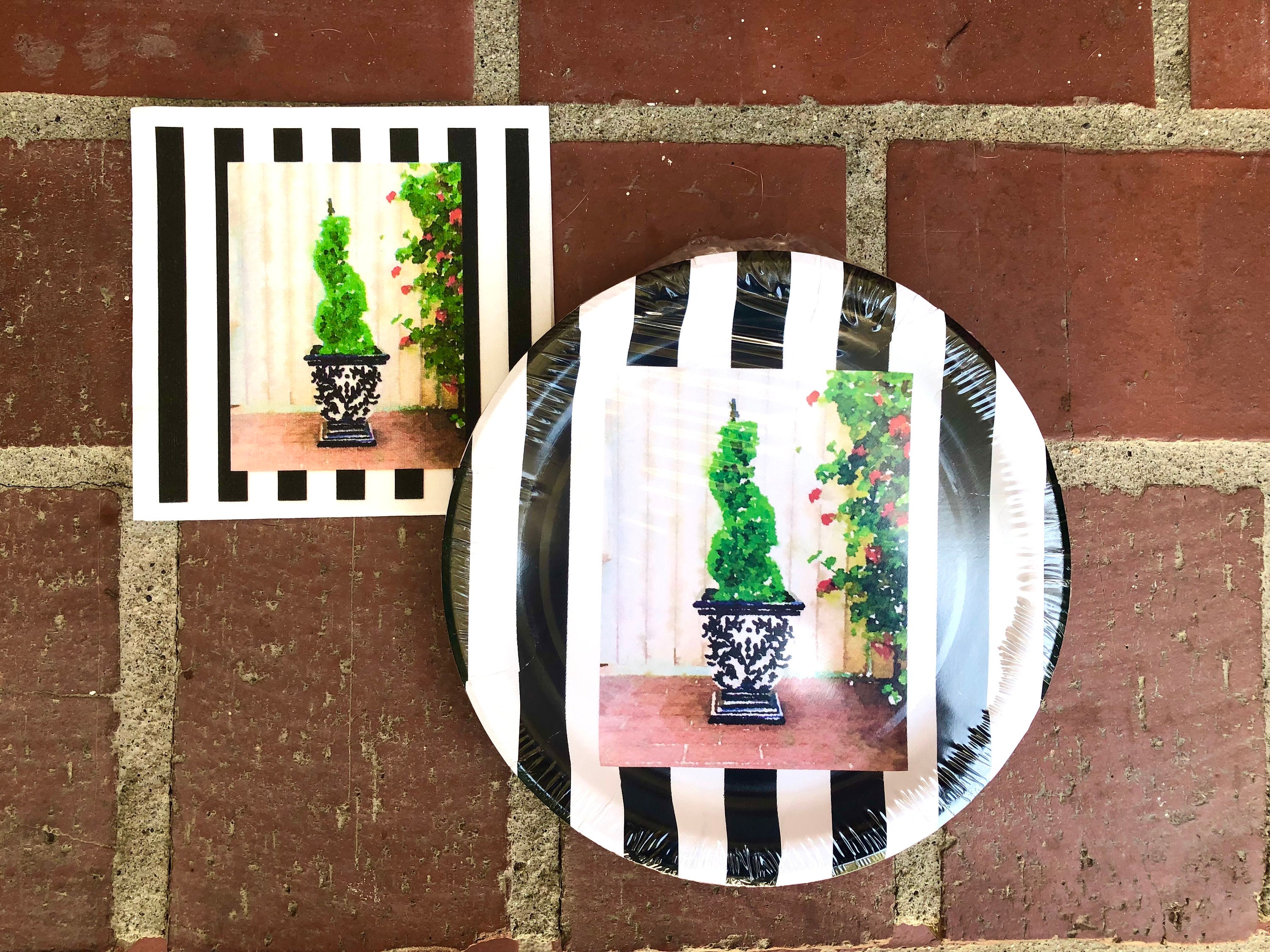 Stripe/greek Key Topiary Paper Plate Set - Etsy