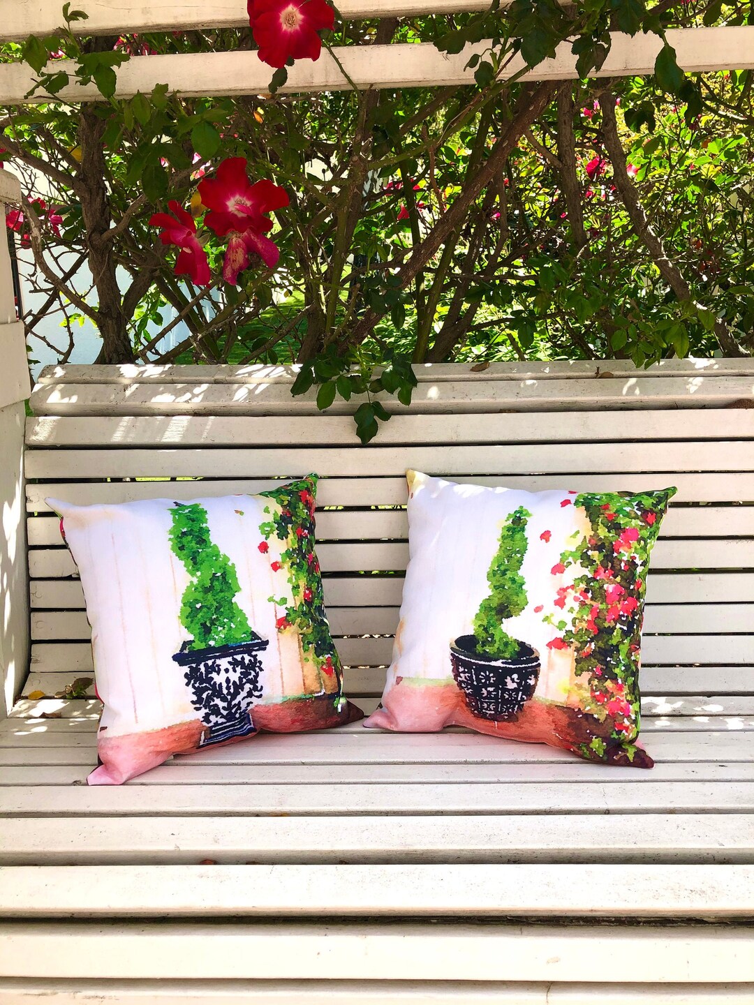 Watercolor Topiary Pillow: Elegant Outdoor Decor (14x14) - Etsy