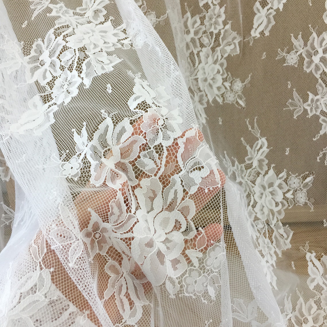 Elegant French Lace Fabric, Chantilly Lace, Floral Lace Fabric, Wedding ...