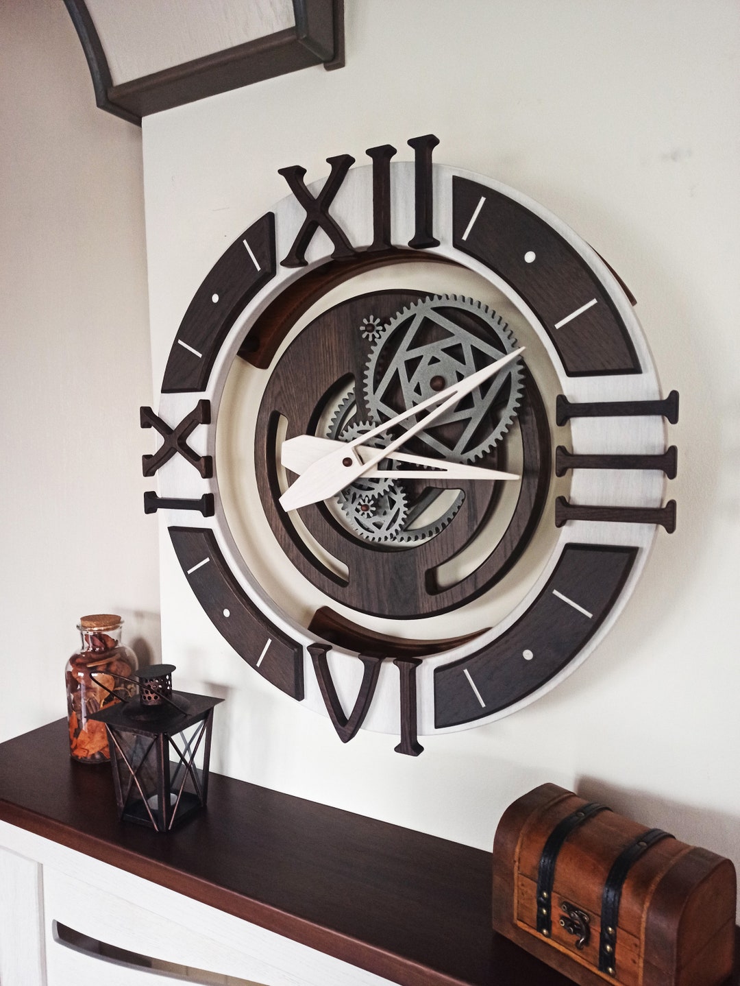 Large Wooden Wall Clock, Wooden Gear Clock, Wood Art, Housewarming Gift ...