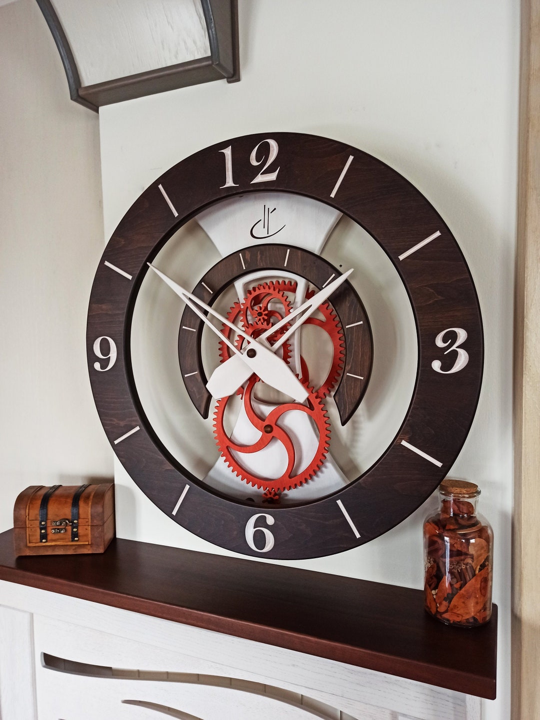 Large Wooden Wall Clock, Wooden Gear Clock, Wood Art, Housewarming Gift ...
