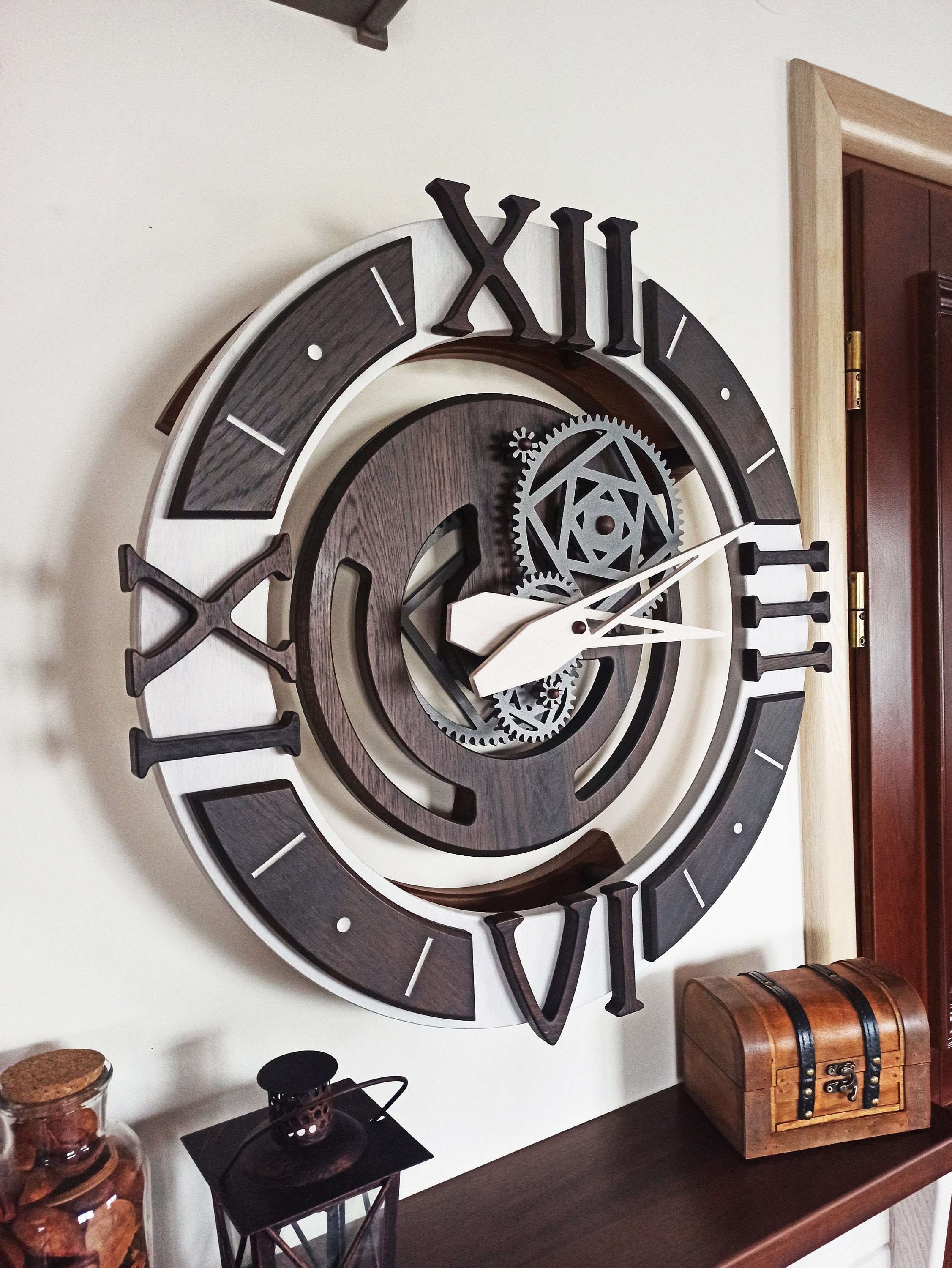 Large Wooden Wall Clock, Wooden Gear Clock, Wood Art, Housewarming Gift ...