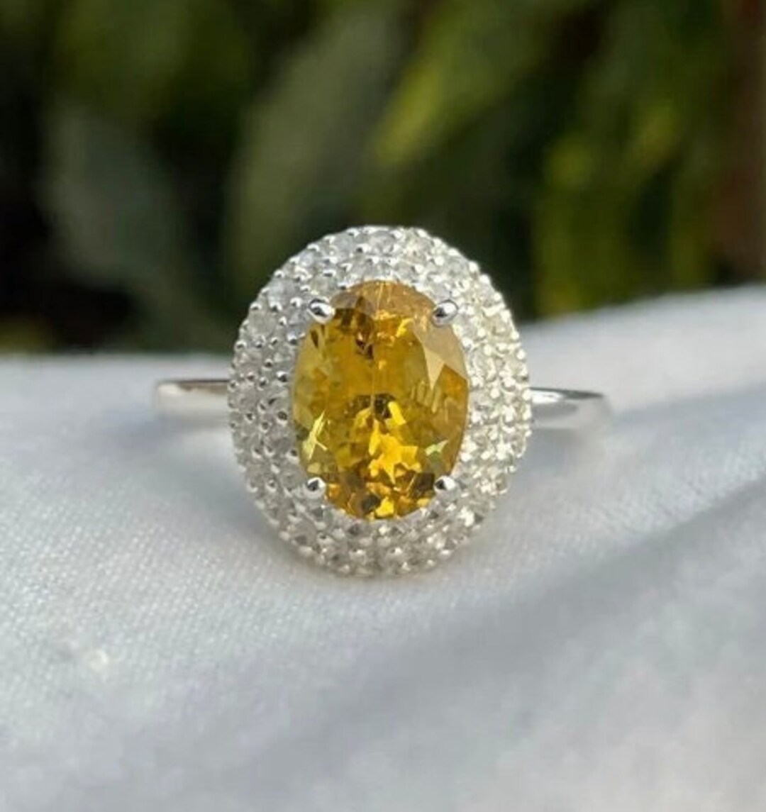 Natural Yellow Beryl Ring , 925 Silver Ring , Halo Ring , Gift for Her ...