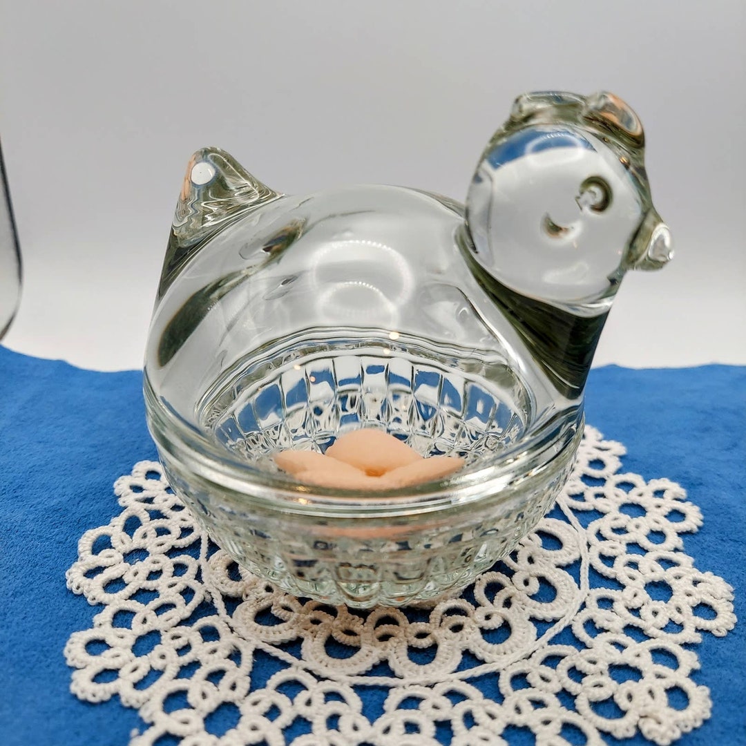 Hen on Nest Anchor Hocking Clear Glass 4 Eggs 3.75" Tall Beautiful Made ...