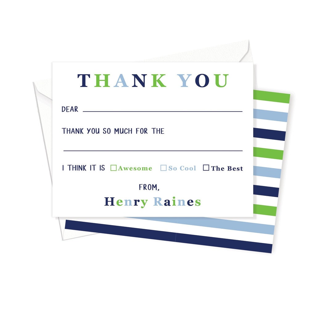 Boys Thank You Notecards | Thank You Notes for Kids | Fill in the Blank ...