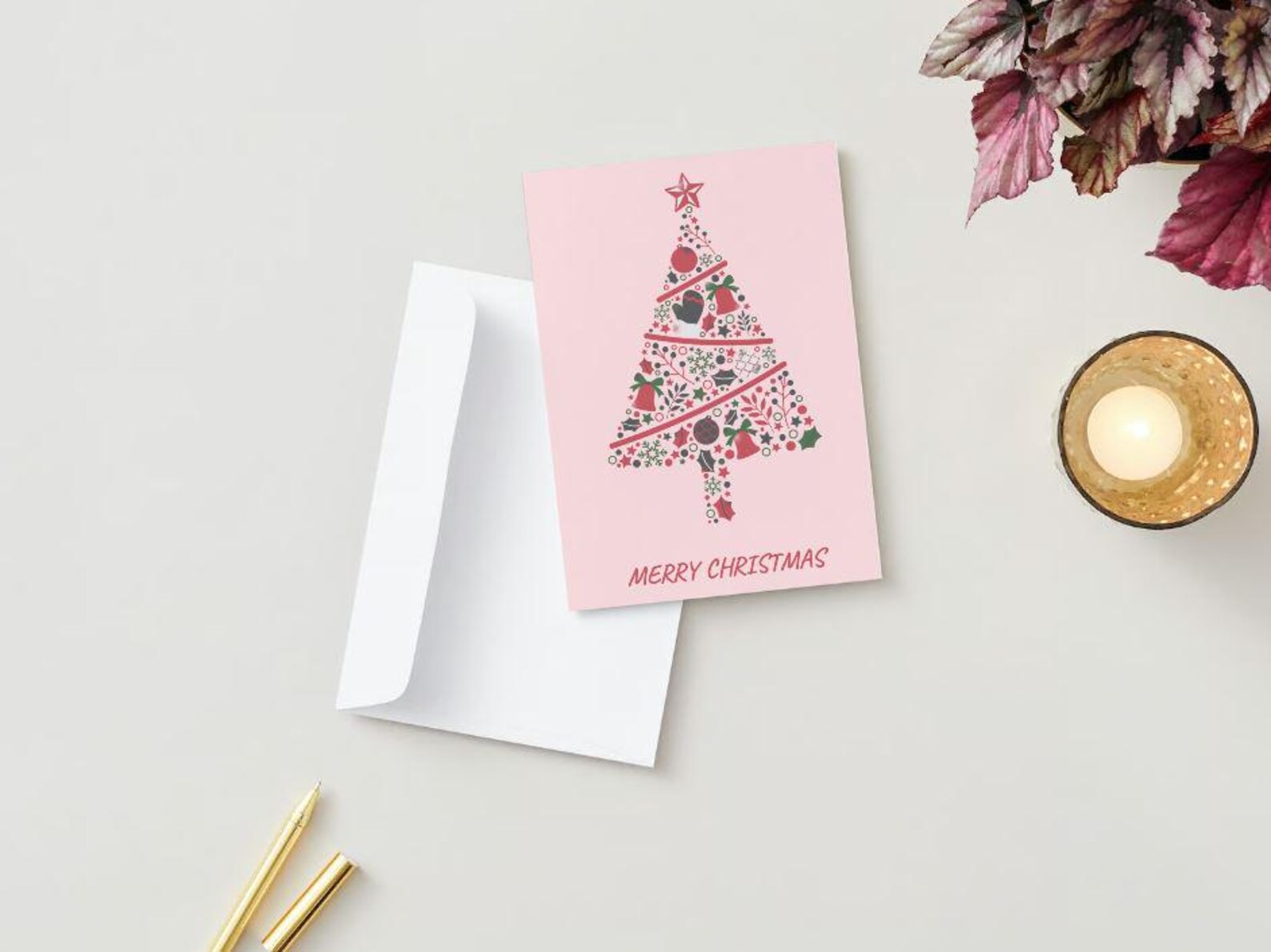 Merry Christmas Digital Holiday Greeting Card Pink Christmas Tree ...