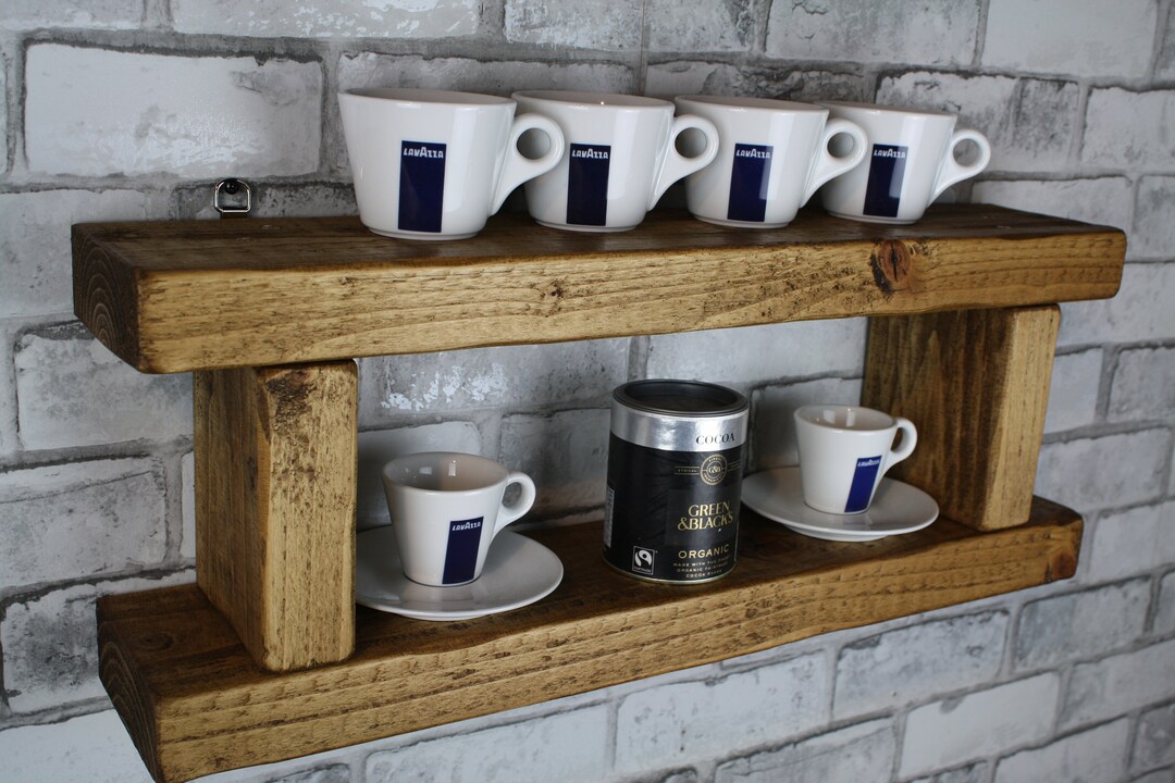 Chunky Rustic Solid Wood Shelf Coffee Cup Spice Rack Wall Mounting ...
