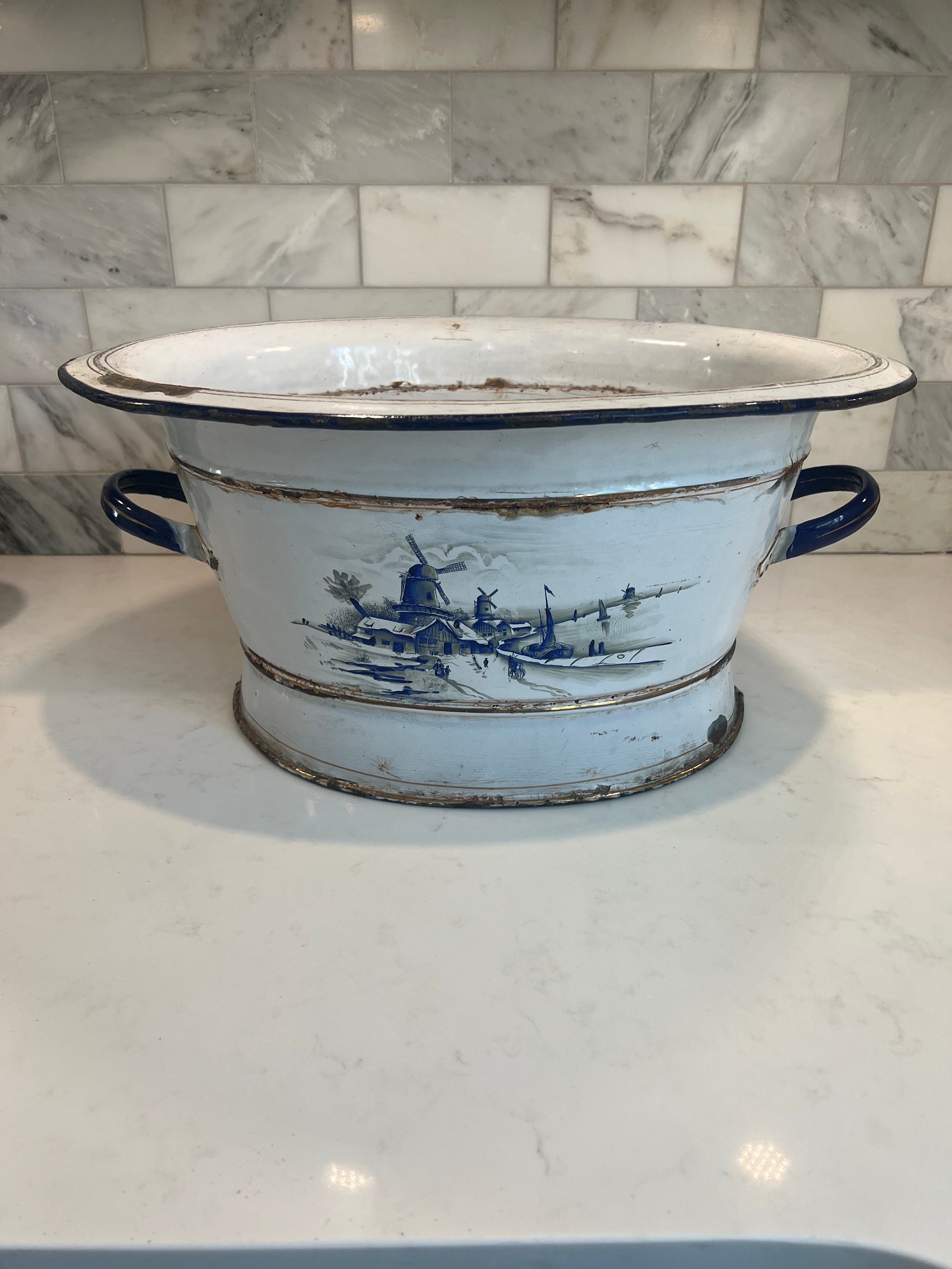 Antique French Enamelware Basin - Etsy