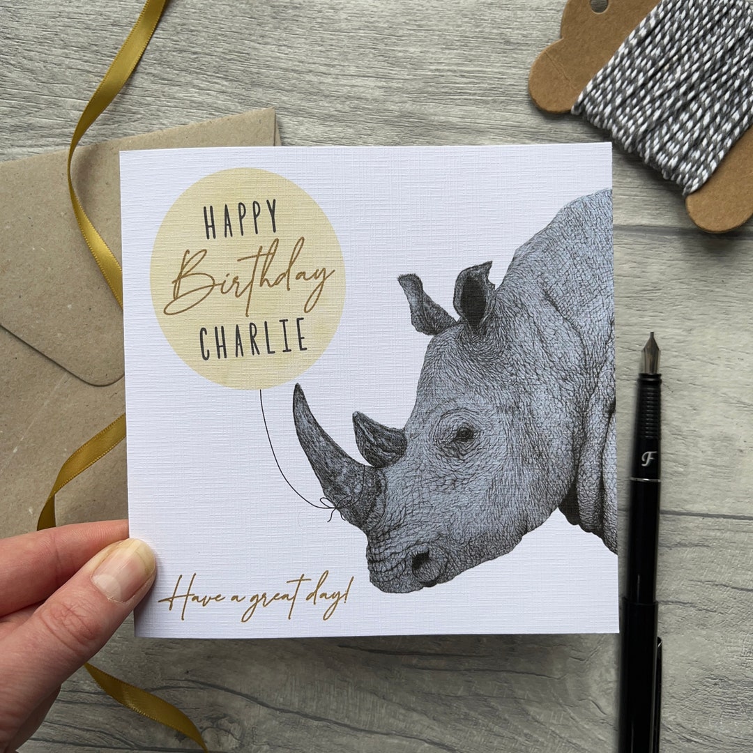 Personalised Birthday Card, Rhino Card, Rhinoceros, Happy Birthday Card ...