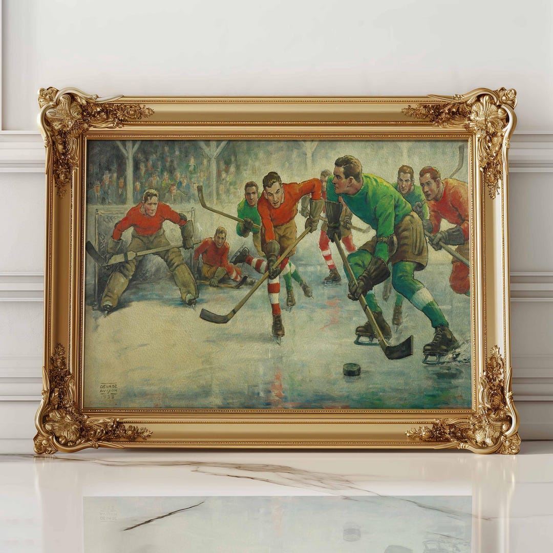 Vintage Horizontal Hockey Player Poster, Rustic Sports Prints, Ice ...