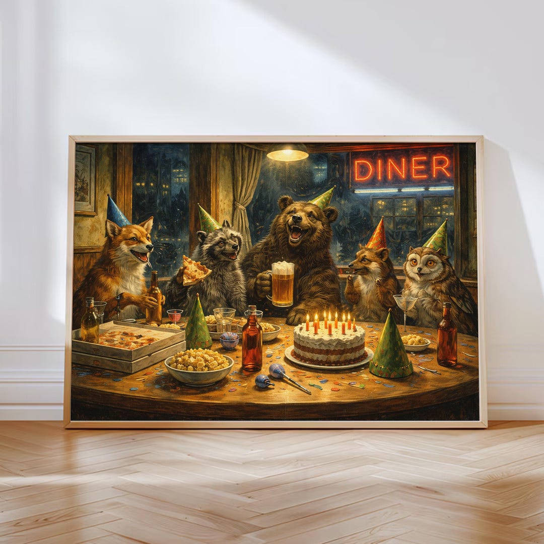 Woodland Animals Birthday Party Art Print Funny Diner Scene Wall Decor ...
