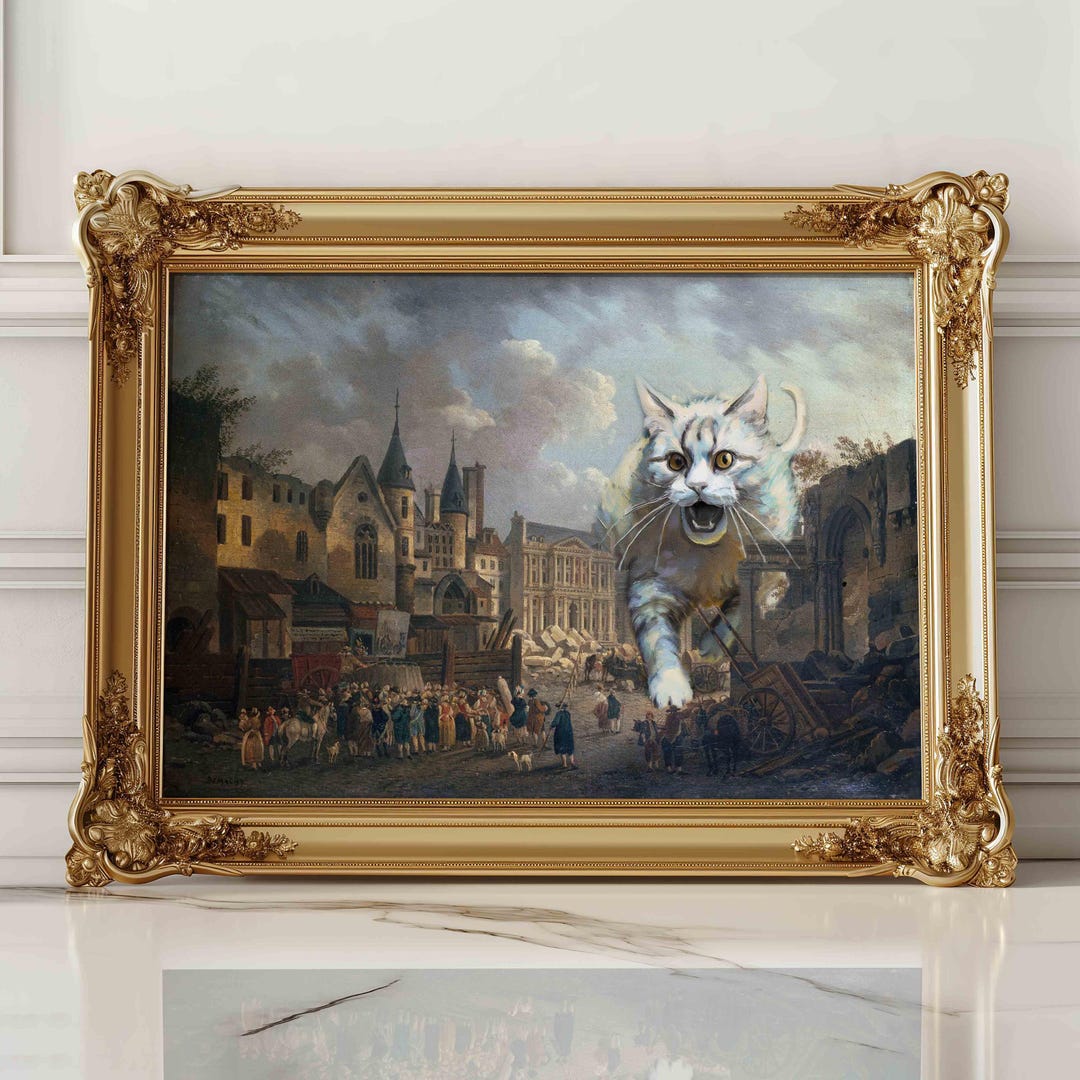 Scary White Cat Meme Art, Altered Cityscape Print, Cat Painting Wall ...