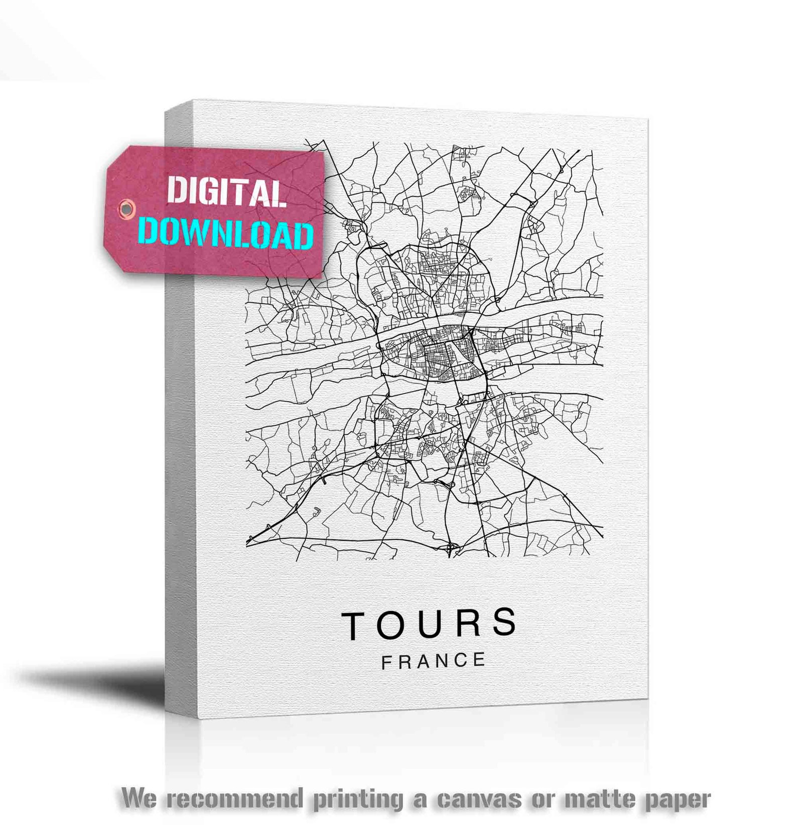 Tours Map Print Tours Printable Map Wall Art City Map Art | Etsy