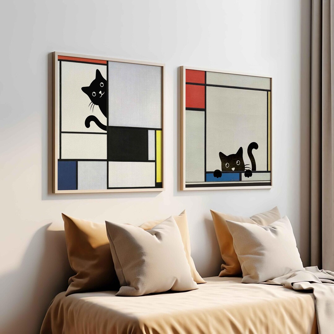 Set of 2 Piet Mondrian Composition Cat Prints, Mondrian Cat Poster ...
