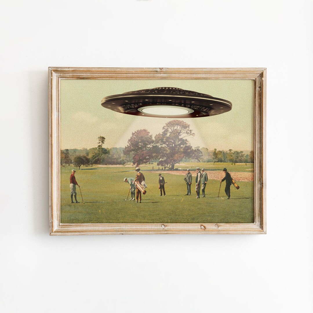 UFO Over Golf Course Print, Funny Vintage Landscape, Alien Abduction ...