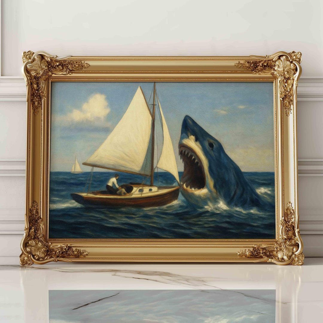 Shark Wall Art, Quirky Horror Big Fish Meme Reimagined Painting ...