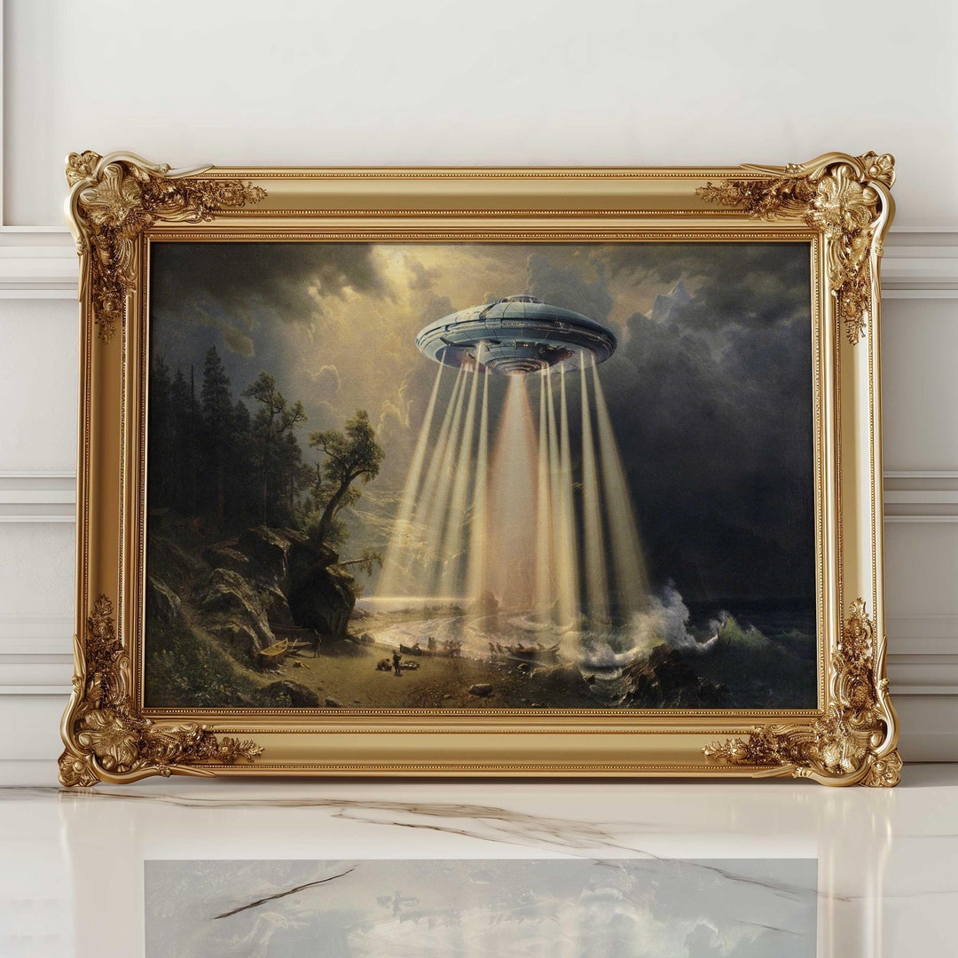 Ufo Art, Altered Vintage Landscape Print, Alien Abduction, Spaceship ...