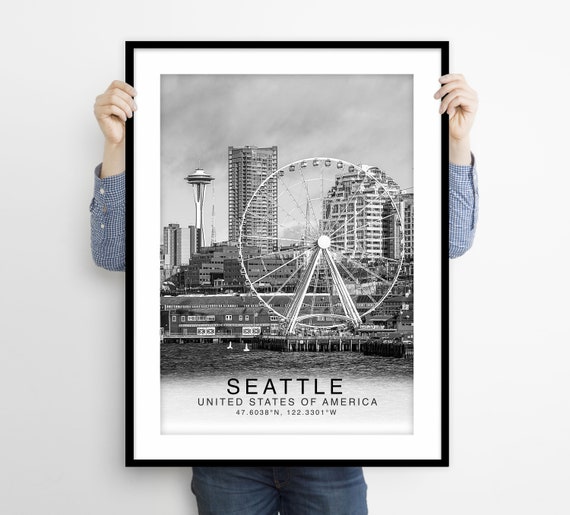 Seattle Print Black and White Downtown Seattle Wall Art | Etsy