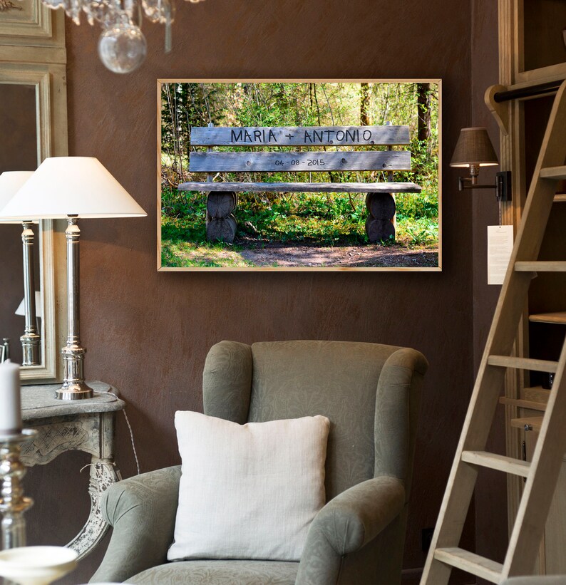 Personalized Art Print Romantic Bench With Carved Names and | Etsy