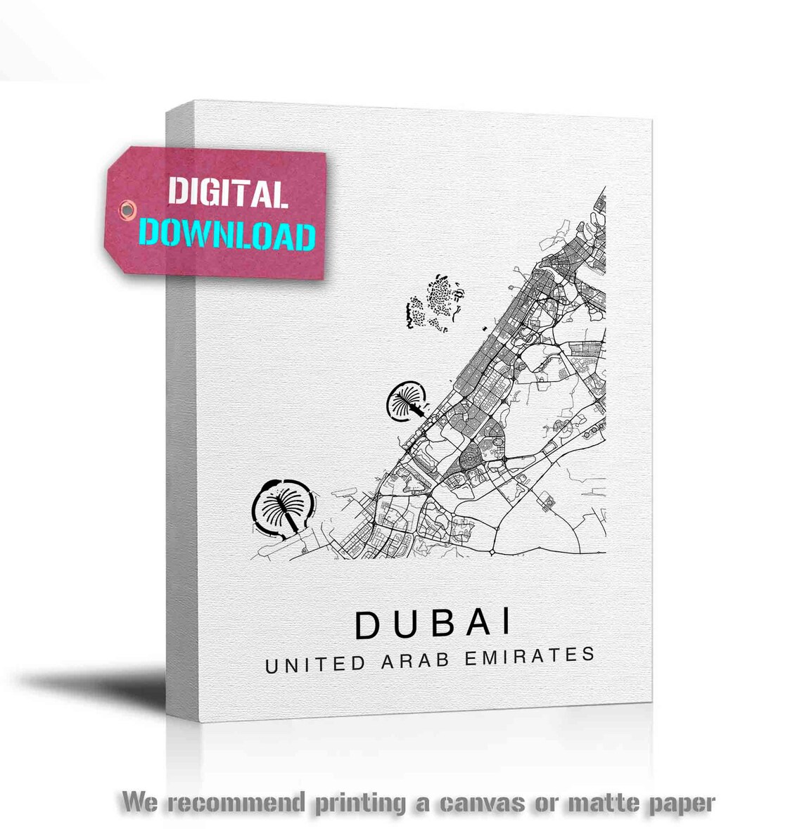 Dubai City Map Art Print: Minimalist Black and White (digital Download ...