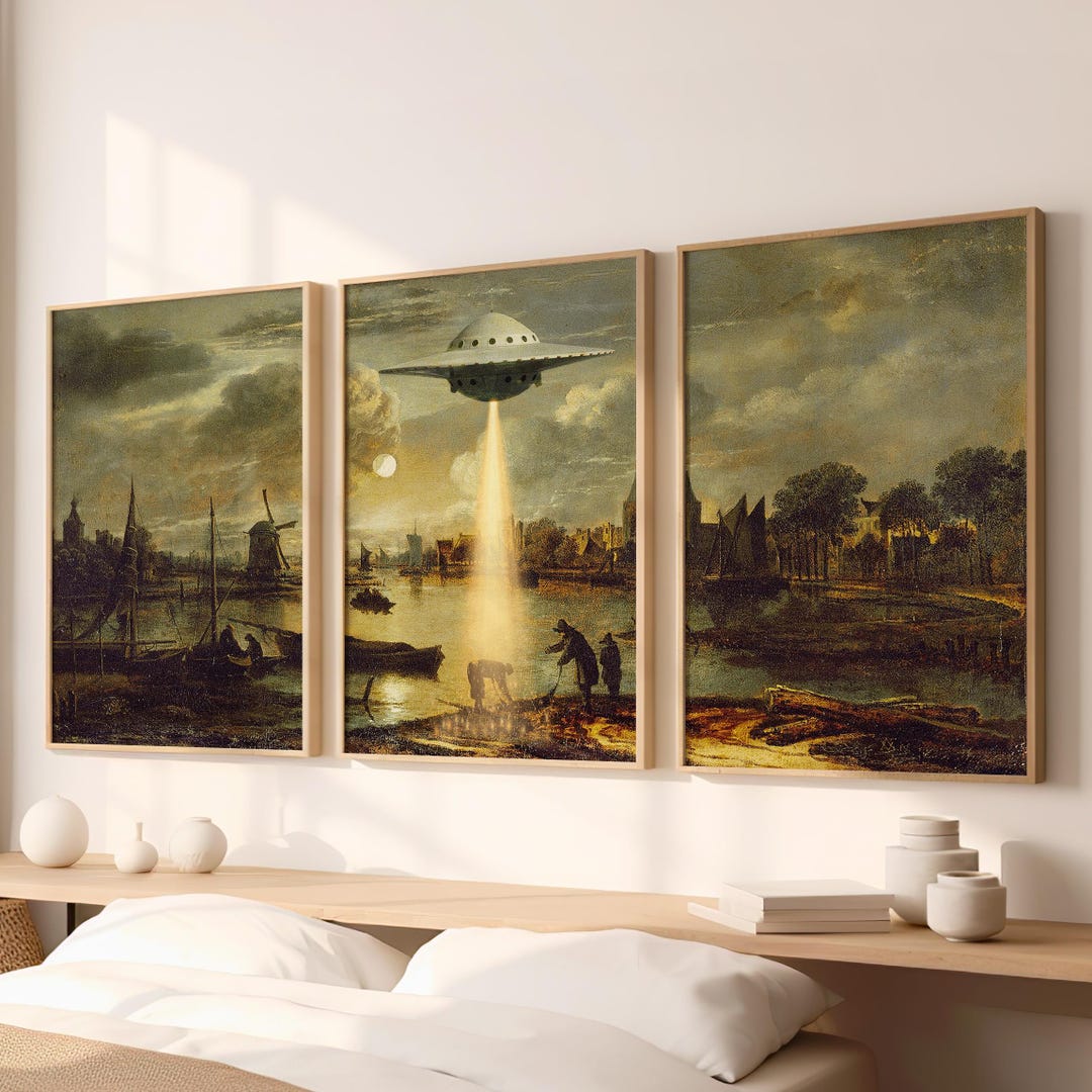 UFO Set of 3 Altered Vintage Landscape Prints, Alien Abduction, Aliens ...