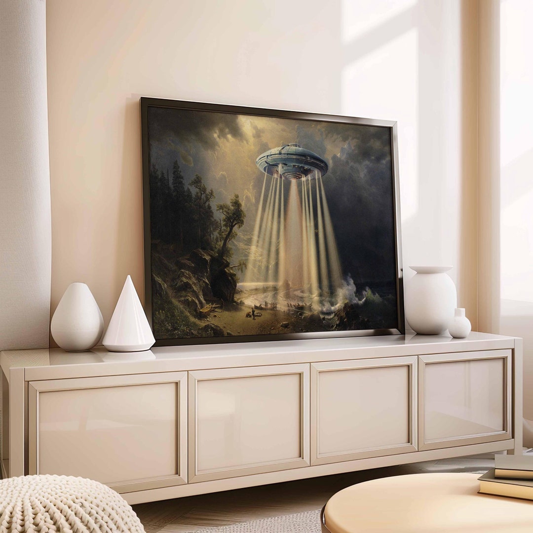 Vintage UFO Wall Art Print, Alien Oil Painting, Retro Spaceship Art ...