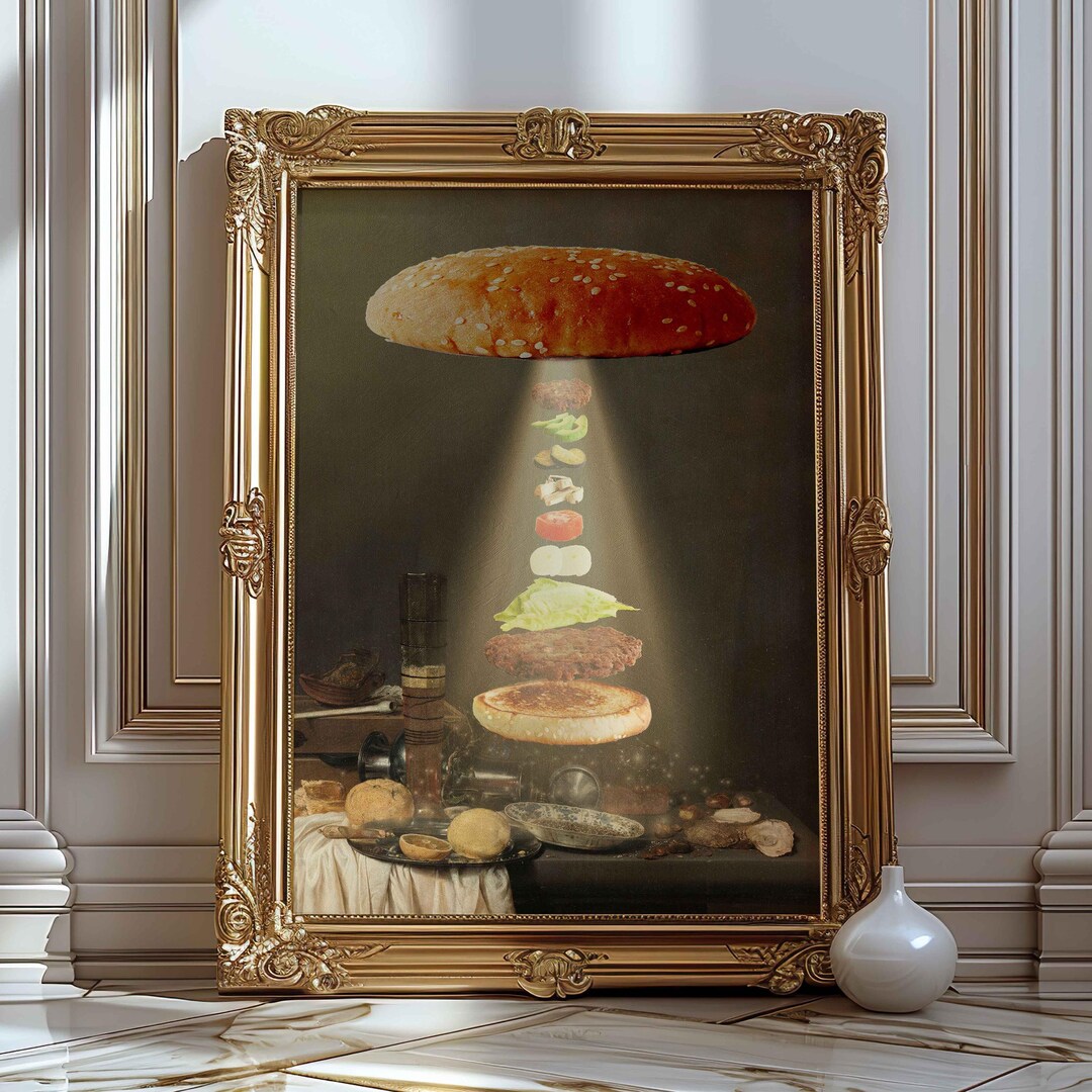 Still Life Funny Burger, Altered Art UFO Print, Eclectic Wall Art ...