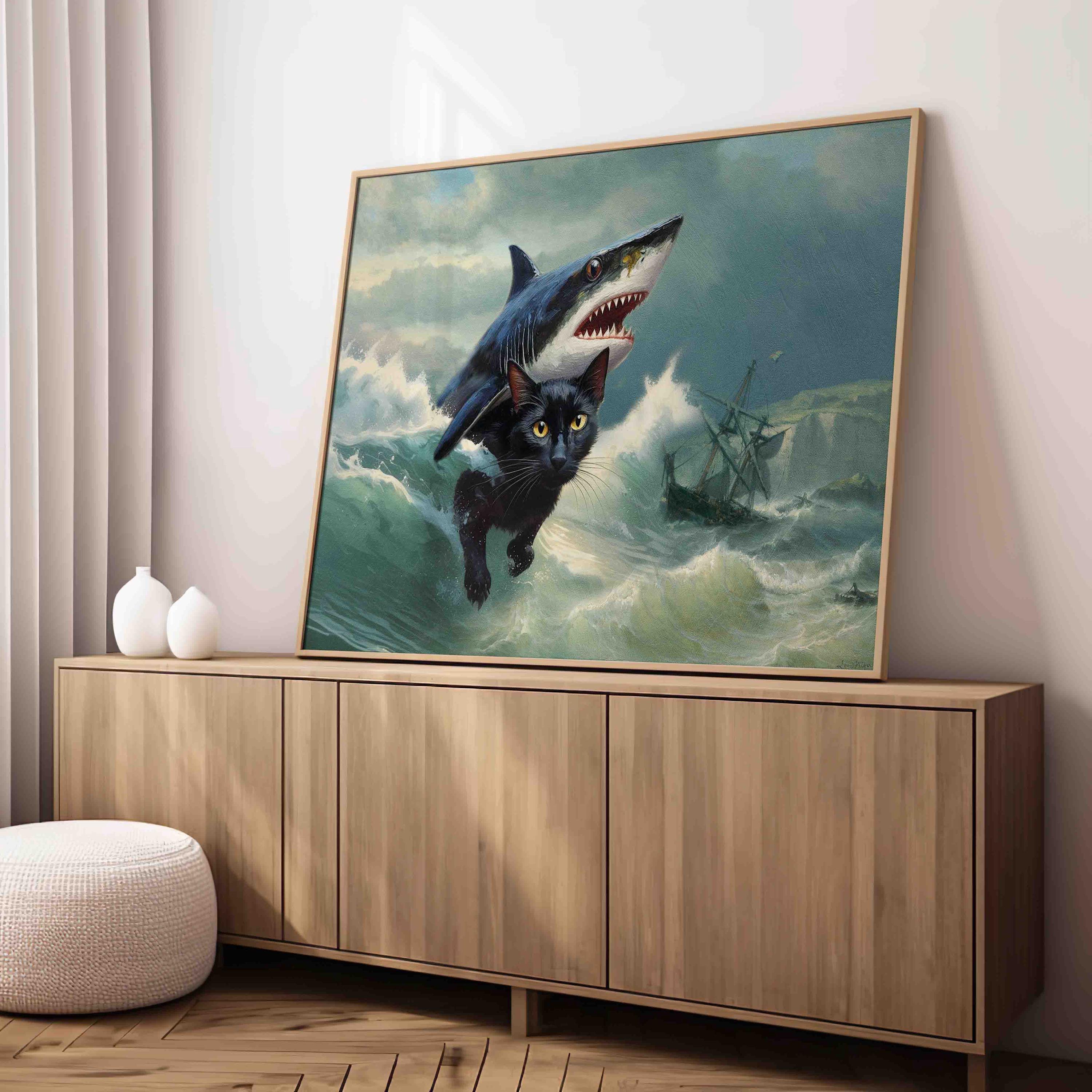 Shark Vs Cat Renaissance Meme Art Print, Funny Altered Poster, Wall ...