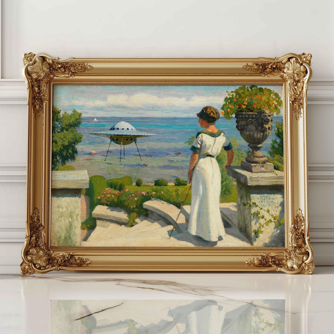 Altered Classical Art UFO Painting, Vintage Landscape Wall Art, Funny ...