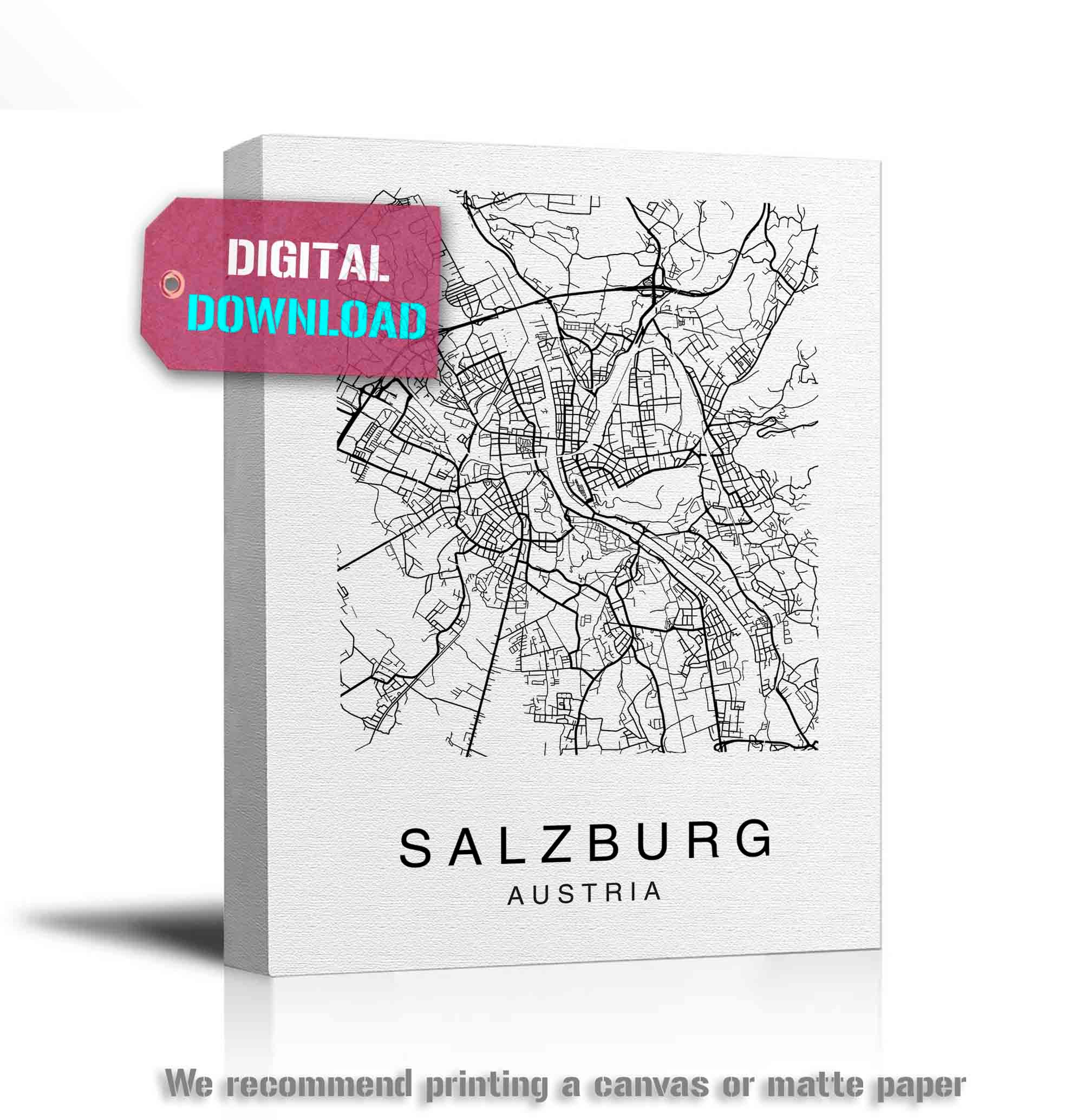 Printable Map Salzburg Salzburg City Map Map Print Digital | Etsy Canada