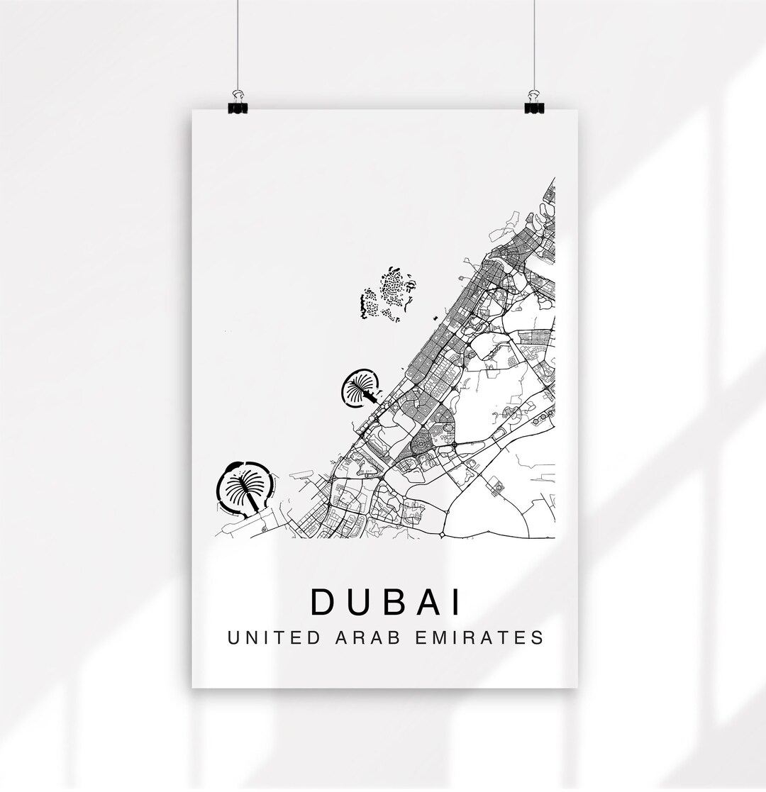Dubai City Map Art Print: Minimalist Black and White (digital Download ...