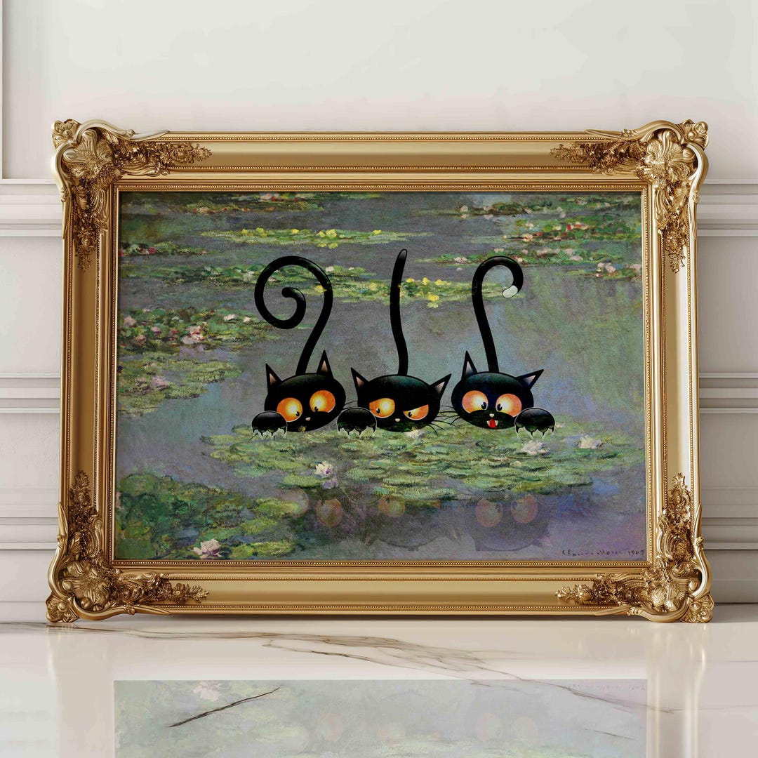 Cat Print Monet Waterlily, Claude Monet Cat Poster, Black Cats Art ...