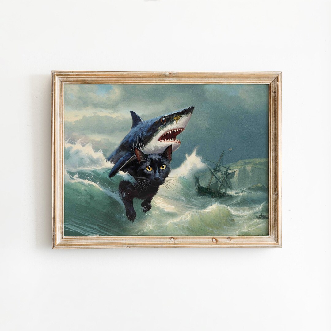 Shark Vs Cat Renaissance Meme Art Print, Funny Altered Wall Art, Quirky ...