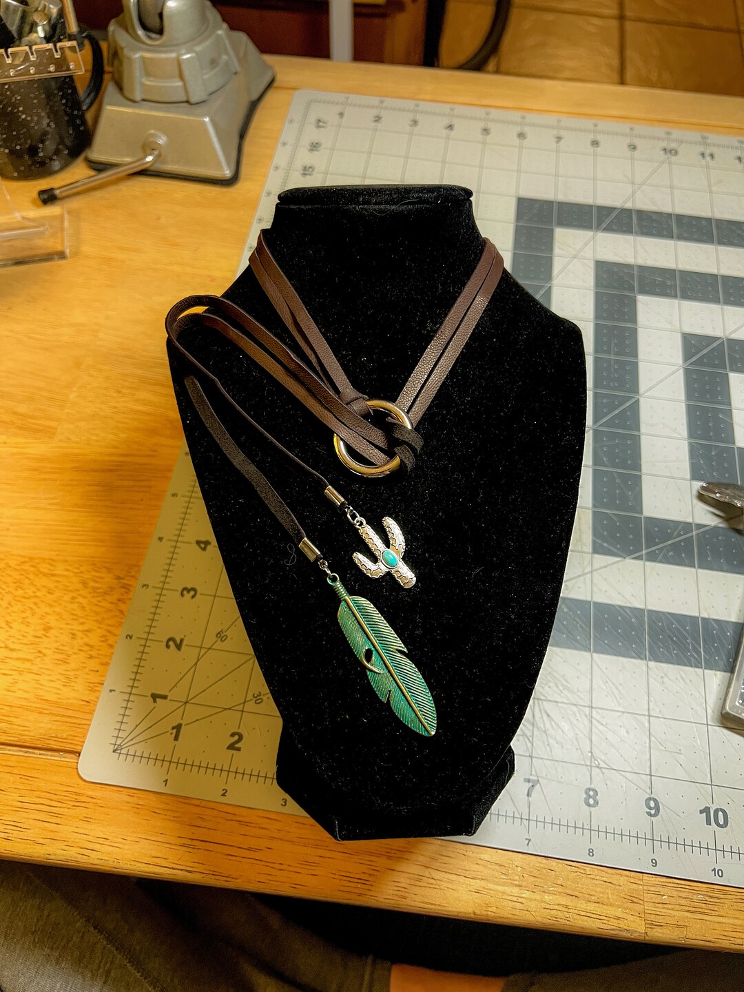 Deer Skin Leather Adjustable “lasso” Necklace With Cactus and Feather ...