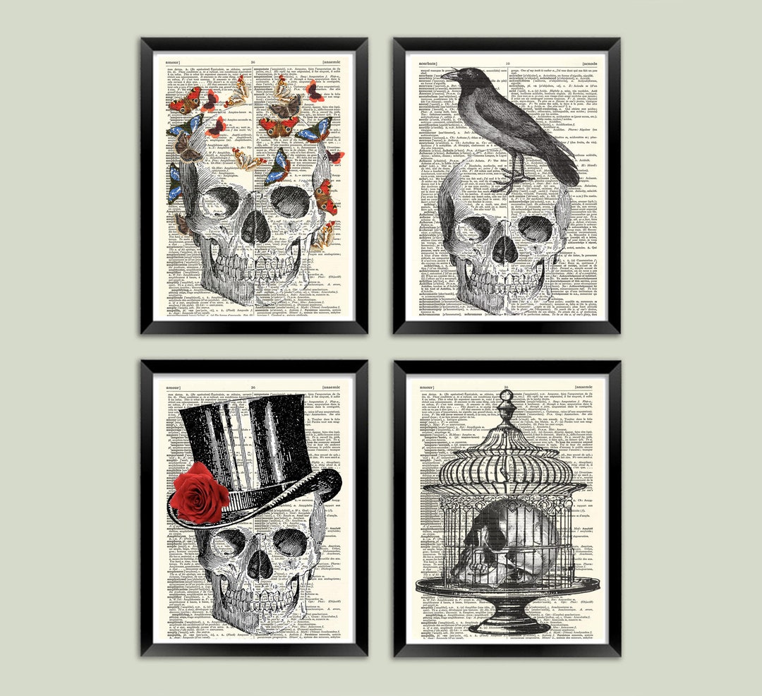 Skull Prints: Gothic Death Themed Art, Printed on Vintage Dictionary ...