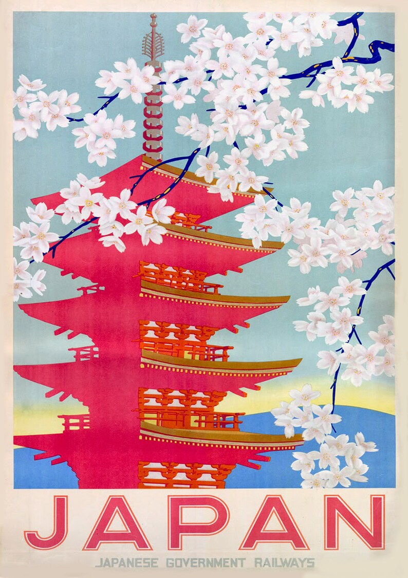 Japan Travel Poster: Vintage Pink Temple Tourism Print - Etsy UK