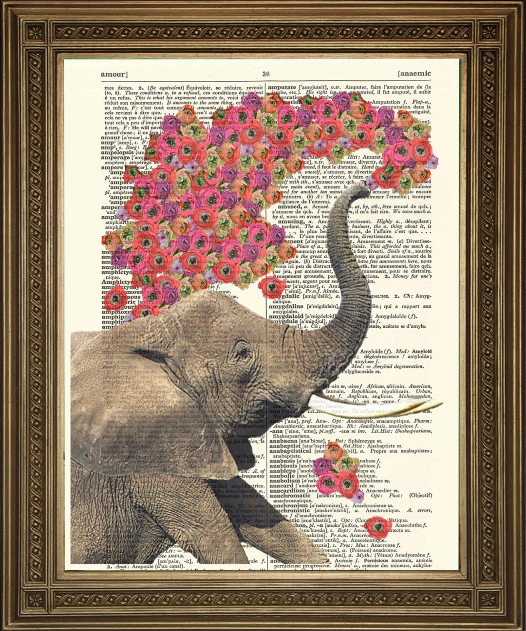 Elephant Print: Fun Animal Art, Printed on Vintage Dictionary Pages - Etsy