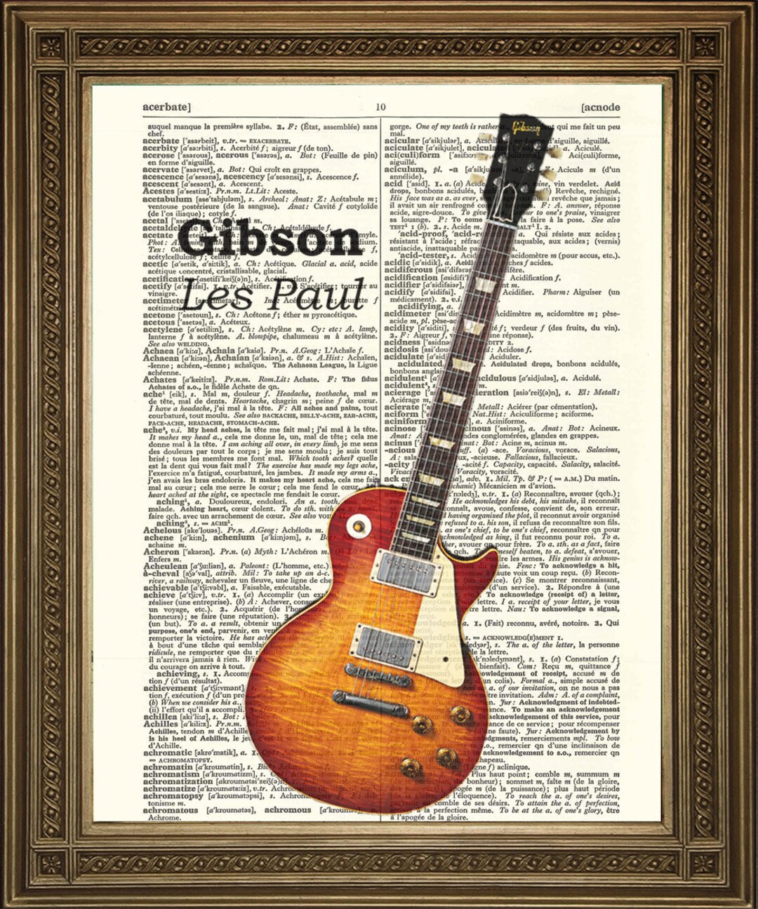 Guitar Print: Gibson Les Paul Art, Printed on Vintage Dictionary Page ...