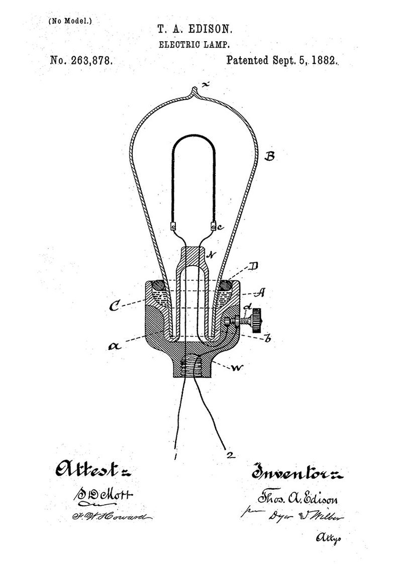 Lightbulb Patent Print: Edison Electric Lamp Blueprint Art - Etsy