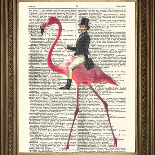 Surreal Print: Man Riding Flamingo Art Printed on Vintage | Etsy